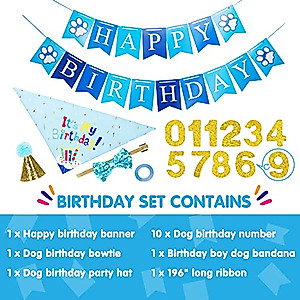 Nobleza Dog Birthday Party Supplies, Dog Birthday Hat Bandana Scarf with Cute Dog Bow Tie, Banner, Dog First Birthday Boy Outfit for Pet Puppy Cat Blue