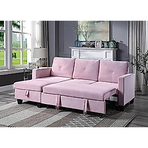 FANYE L-Shaped Reversible Corner Convertible Sectional Sofa with Pull Out Sleeper Couch Bed and Storage Chaise for Home Apartment Office Living Room, Pink Velvet Sofa&Couch, 82.5"