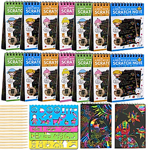 POKONBOY 16 Pack Scratch Arts and Crafts Notebooks, Scratch Note Pads for Kids Rainbow Party Favors Coloring Books for Kids Art Party Supplies Stocking Stuffers（16 Wooden Stylus & 4 Drawing Stencils）