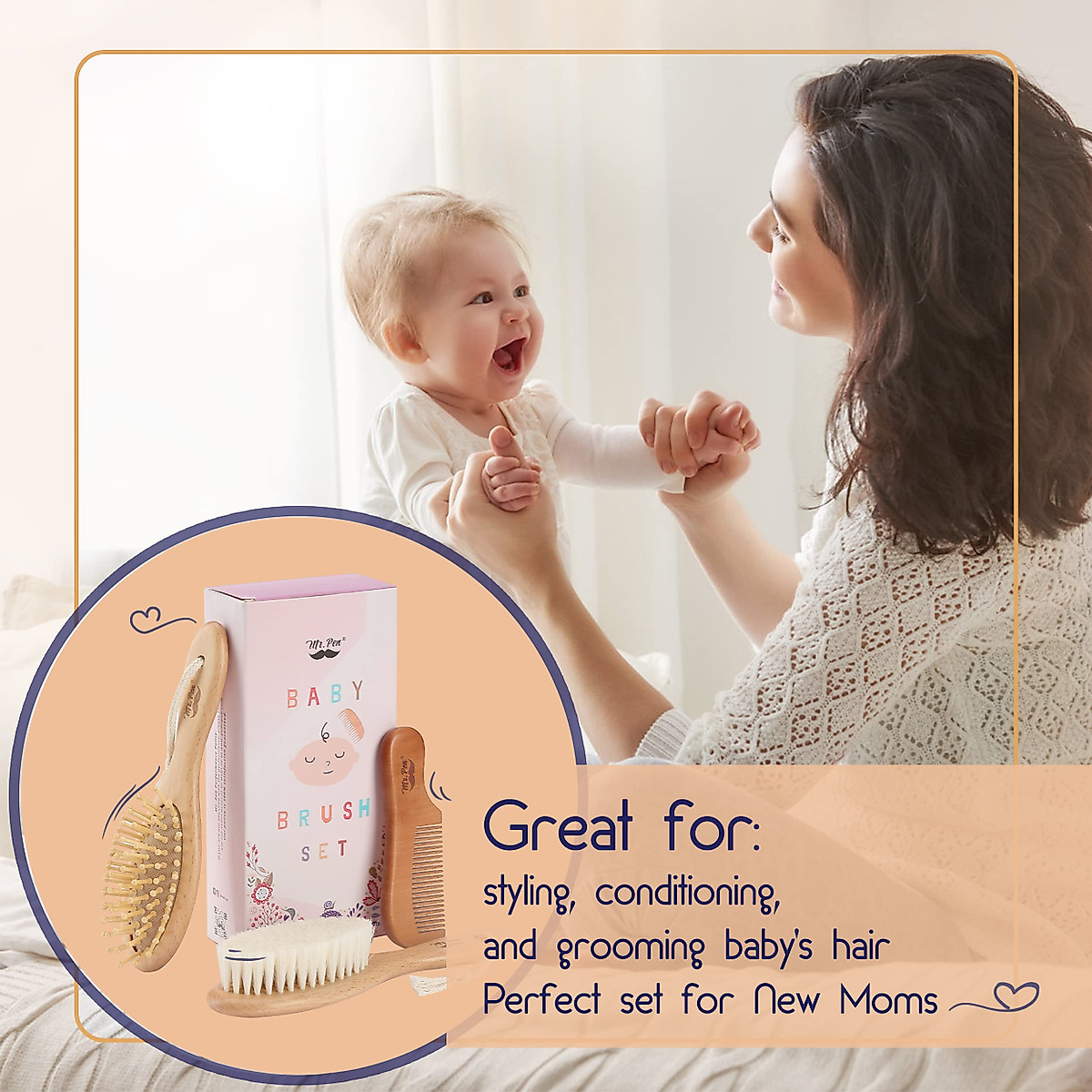 Mr. Pen- Baby Brush and Comb Set, 3Pcs, Wooden, Baby Hair Brush, Cradle Cap Brush, Baby Brush Set for Newborns, Infant Hair Brush, Baby Comb and Brush Set, Newborn Hair Brush, Baby Brushes for Hair