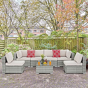 SoarFlash 7 Pieces Outdoor Patio Furniture Set, All-Weather Rattan Sectional Sofa Wicker Conversation Set with Cushion, Coffee Table for Garden, Backyard,Poolside(Beige)