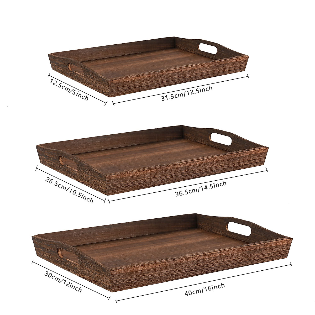 HEITICUP Wooden Serving Trays-Three Piece Set of Rectangular Shape Wood Coffee Table with Cut Out Handles, Kitchen Nesting Trays for Eating, Serving Pastries, Snacks, Mini Bars, Party