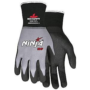 MCR Safety Ninja BNF N96797S Work Gloves, 15 Gauge NylonSpandex Shell, Breathable Nitrile Foam(BNF) Coated Palm & Fingertips with Grip Dots, Small, Black