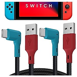 TALK WORKS Fast Charging Cable Compatible with Nintendo Switch, Switch Lite & OLED - USB-C Charger Cables - 10 ft. Long, Right-Angle Cable for Comfortable Mobile Gaming - Blue/Red (2 Pack)