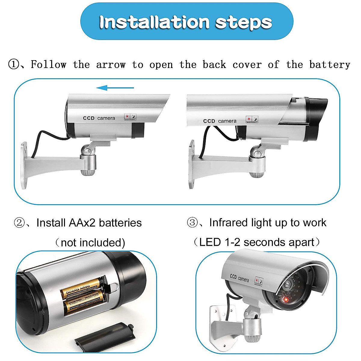 Fake Camera, FITNATE Dummy Camera CCTV Surveillance System with LED Red Flashing Light with 4 Safety Warning Stickers, Fake Security Camera for Outdoor & Indoor Use (4 Packs, Silver)