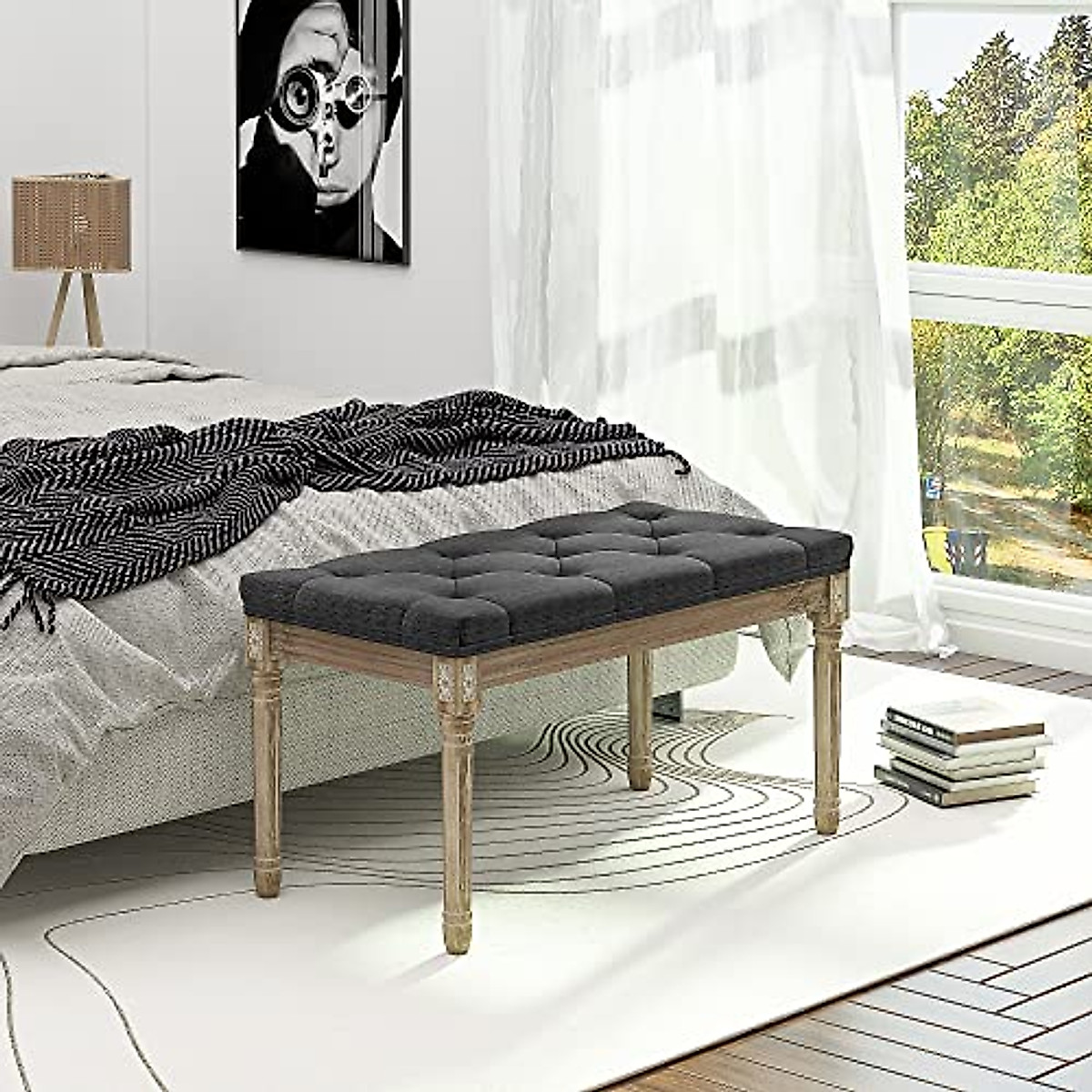 Yusong Upholstered Bench,Bedroom Bench for End of Bed,Piano Bench Dining Bench Entryway Shoe Bench with Button Tufted Padded Seat for Living Room, Vanity Bench Foot-Stool with Carved Wood Legs,Grey