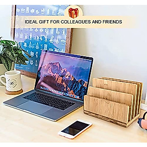 100% Bamboo Desk File Mail Organizer Countertop, 4 Slots Wood Desktop File Folder Sorter Holder Organizer for Document Letter Envelope Mail Paper Folder Bill Filing, Paper Letter Desk Tray Organizer