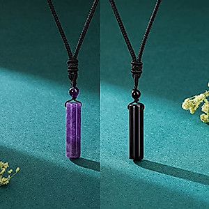 Top Plaza 2 Pcs Amethyst Black Obsidian Healing Crystal Stone Necklaces for Men Women Cylindrical Pendant Amulet Protection Necklaces Adjustable Braided Cord Natural Quartz Gemstone Necklace Jewelry