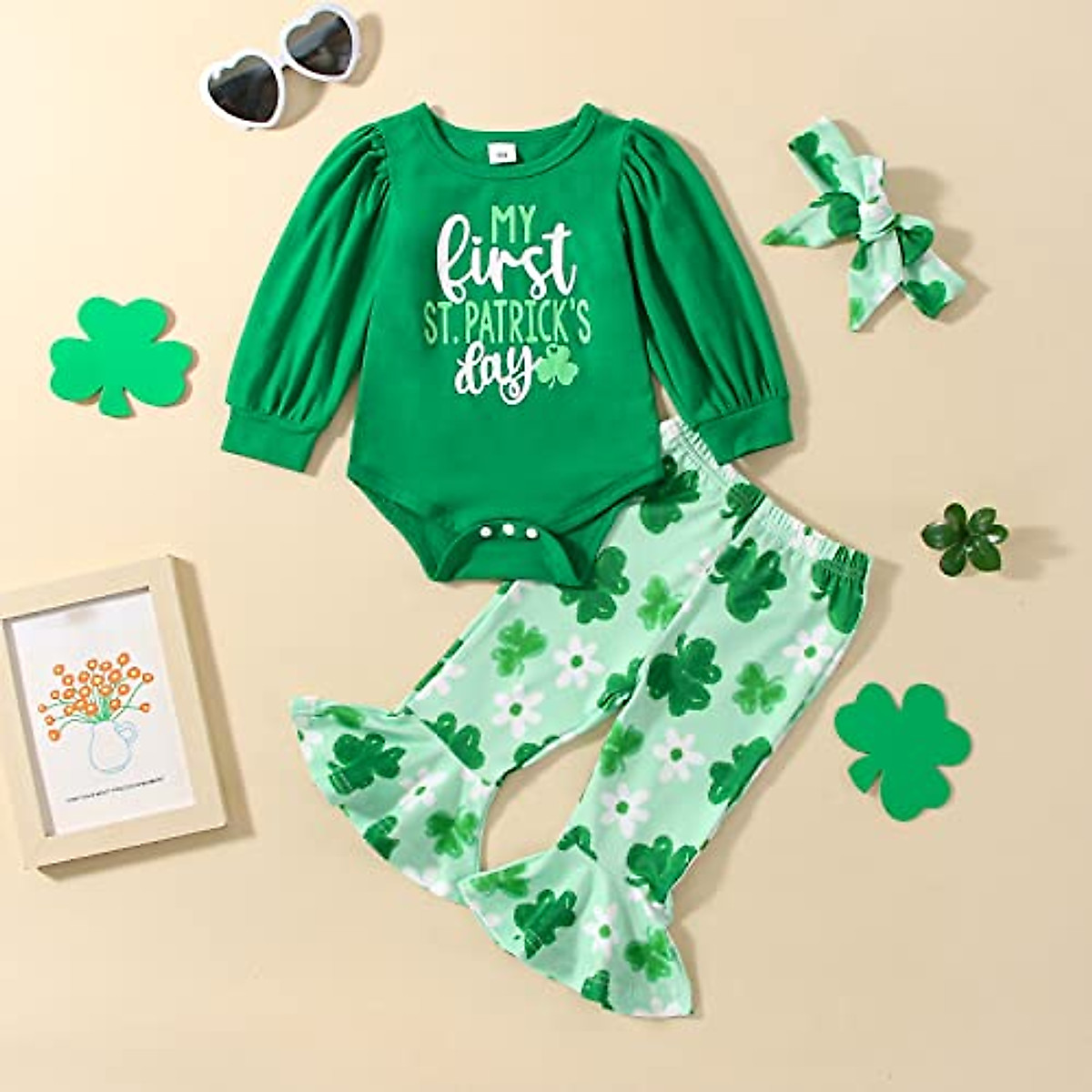 Tiacham My First St Patricks Day Baby Girl Outfit Bell Bottoms Pants Set Clothes Green Romper Shamrock Headband (Green, 0-3 Months)