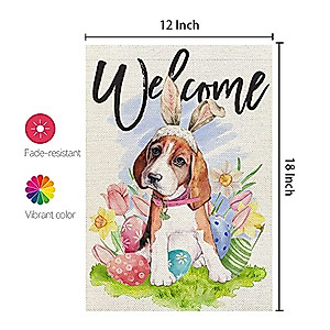 CROWNED BEAUTY Easter Dog Garden Flag Beagle Bunny Ears 12X18 Inch Small Double Sided for Outside Floral Eggs Burlap Yard Holiday Decoration CF762-12