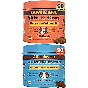 Natural Dog Company Multivitamin Supplement Chews + Skin & Coat Supplement Chews for Dogs - Comprehensive Nutritional Care for Healthy Skin, Shiny Coat, Joint Support, and Immune System Boost