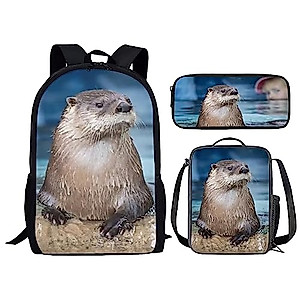 Kids Novelty Animal Backpack and Lunch Box for Boys Girls Student Lightweight 17 Inch School North American River Otter Backpack with Lunch Bag Pencil Case Kids Comfy Padded Black Large Bookbag