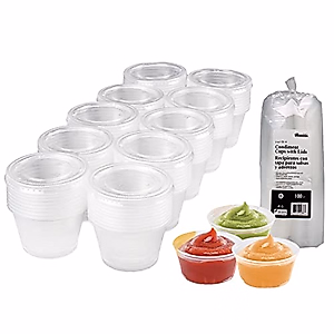 Condiment Cups with Lids, 100 Sets per Pack: Small Plastic Containers for Salad Dressings, Sauce and Jello Shots at Home, Work and Restaurants