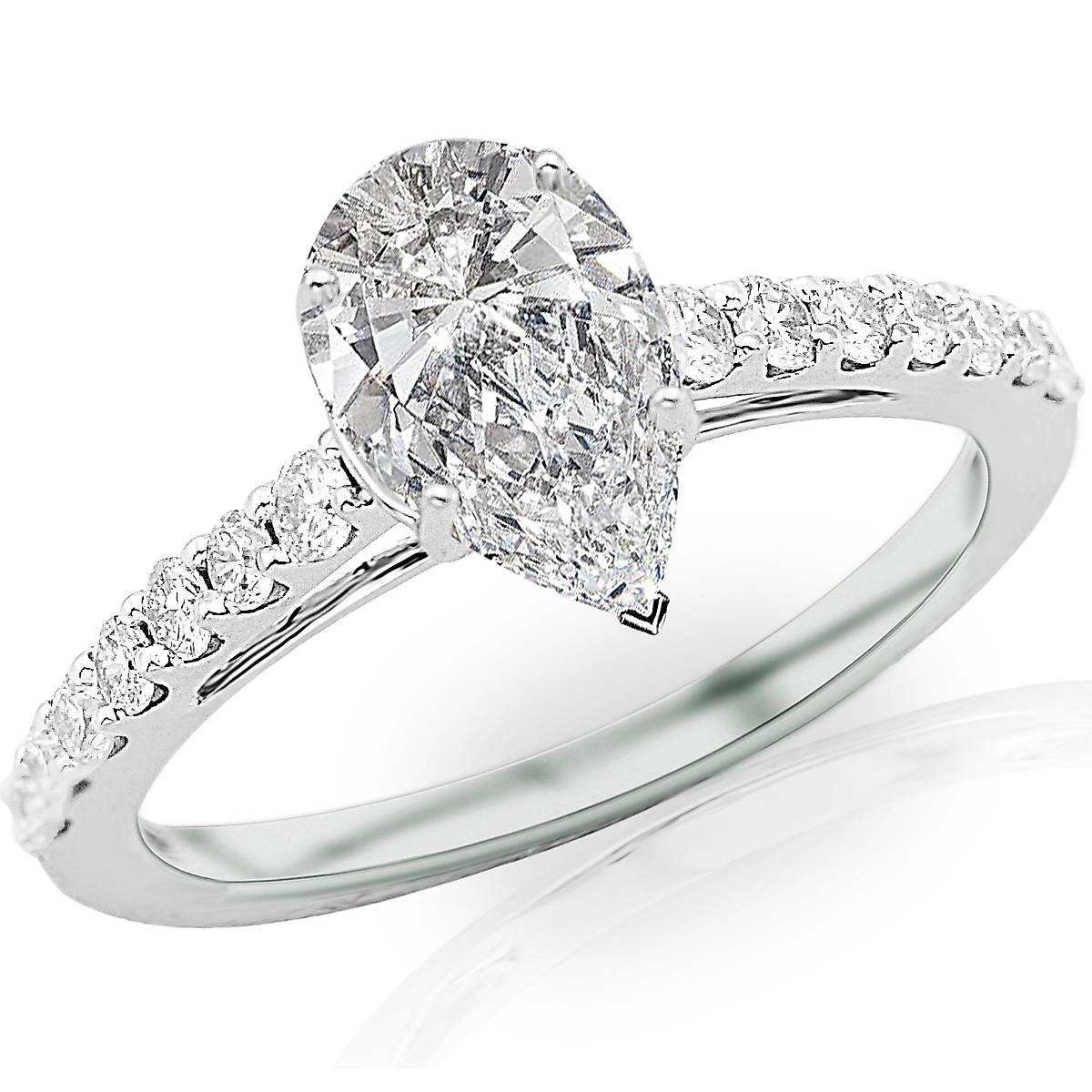1.25 Ctw Pear Cut Classic Graduating Pave Set 14K White Gold Diamond Engagement Ring (H-I Color SI2-I1 Clarity 0.75 Ct Center)
