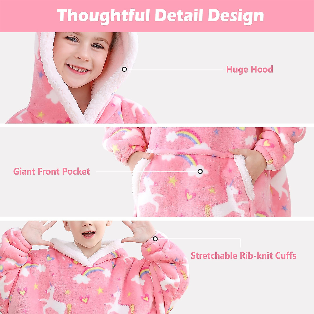 Wearable Blanket Hoodie for Kids, Super Warm and Soft Sherpa Flannel Sweatshirt Blanket with Giant Pocket, Hooded Blanket for 2-6 Year Old Girls Gifts, Pink Unicorn