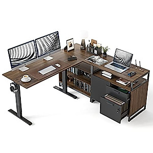 FEZIBO 66 Inch Executive L Shaped Standing Desk with 2-Drawer File Cabinet, Electric Height Adjustable Stand up Desk, Home Office Modern Wood Computer Desk with Shelves, Black Frame/Dark Walnut Top