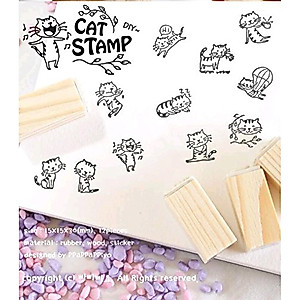 Youkwer 12 Pcs Mini Cute Wooden Rubber Stamps Set For Letters,Diary Craft,Scrapbooking in Matchbox（Vintage Lovely Cat）