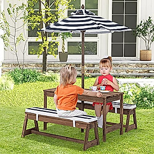 HONEY JOY Kids Picnic Table, Outdoor Wooden Table & Bench Set w/Removable Cushions and Umbrella, Stripe Fabric, Children Backyard Furniture for Patio Garden, Gift for Toddler Boys Girls Age 3+(Blue)