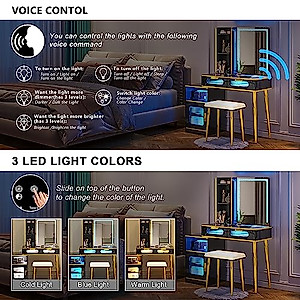 HNEBC Vanity Desk with Mirror and Lights,White Vanity Set with USB&Type-C&Wireless Charging,Makeup Vanity with Drawers/Stool, Voice Control Switch Vanity Makeup Desk for Bedroom&Dressing Room,Black