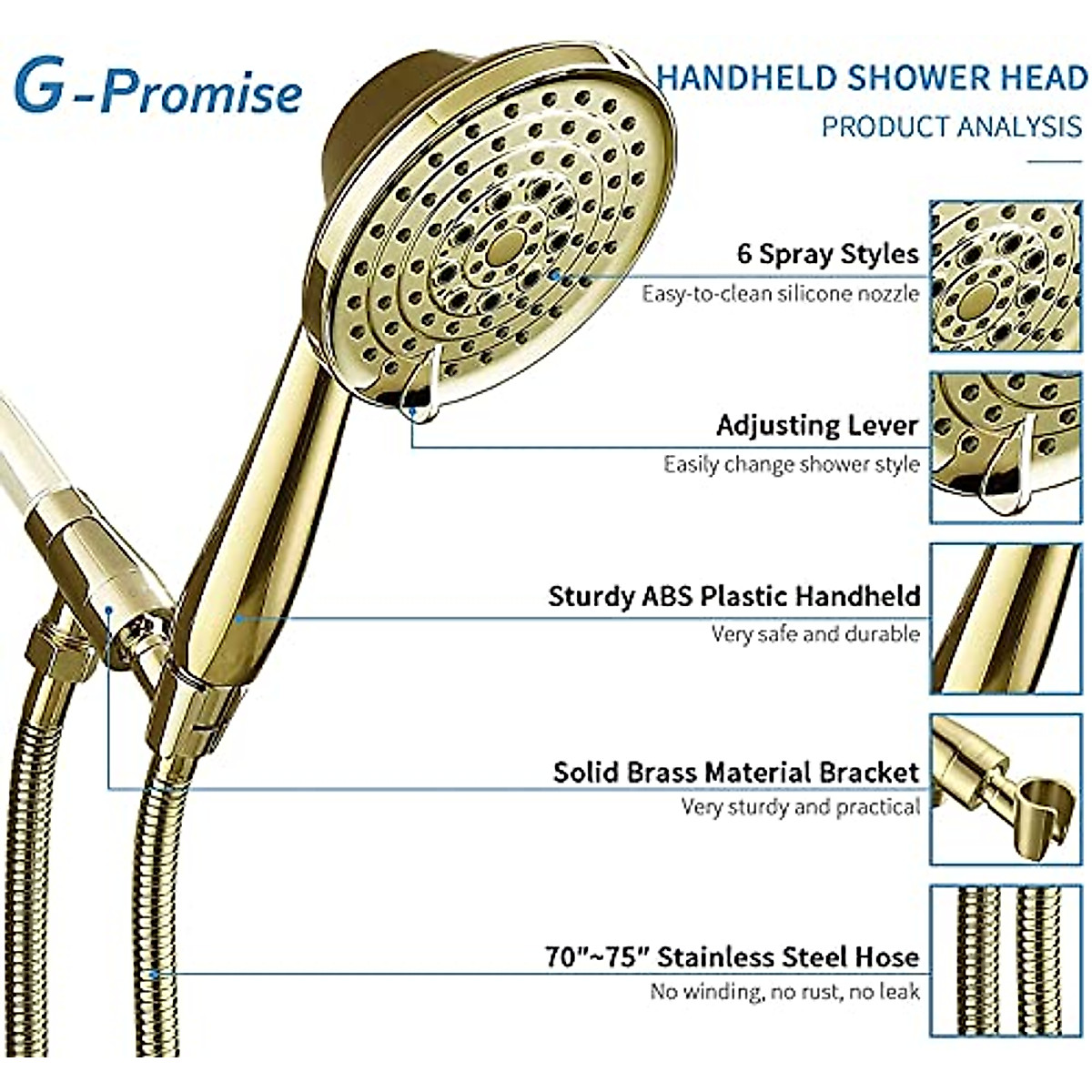 G-Promise Luxury High Pressure 5“ Face 6 Setting Detachable Handheld Shower Head with Extra Long Flexible Metal Hose(70” Stretches to 75”), Adjustable Metal Holder, Polished Brass Finish (2.5GPM)