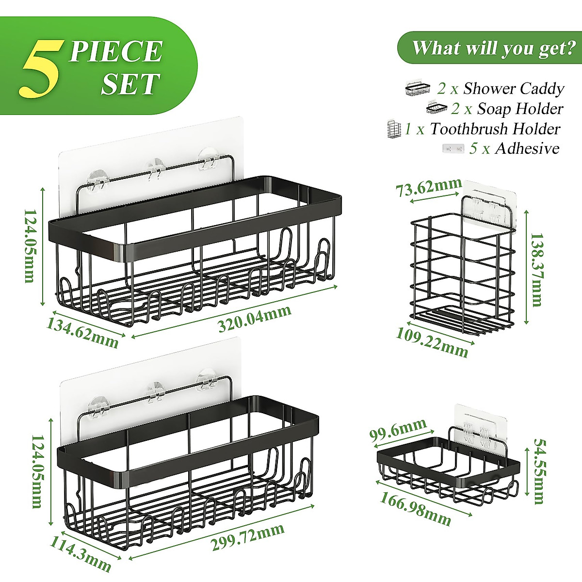Kitstorack Shower Caddy, 5 Pack Adhesive Shower Organizer with 28 Hooks Wall Shampoo Holder for Bathroom Storage & Kitchen, Rustproof Large Shower Caddy Shelf Organizer Rack, Black