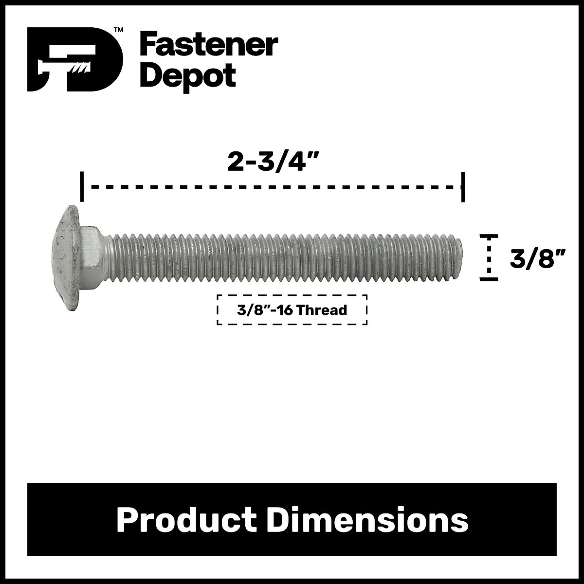 3/8"-16 x 2-3/4" Hot Dipped Galvanized Carriage Bolt w/Nuts & Flat Washers, Grade A, Full Thread, Quantity 100 - by Fastener Depot, LLC