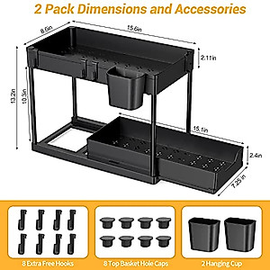 2PCS Under Sink Organizers and Storage, 2 Tier Under Sink Organizer with Sliding Drawers & Hooks & Hanging Cup, Multi-purpose Bathroom Storage Cabinet Organizer Shelf for Pantry, Bathroom, Kitchen