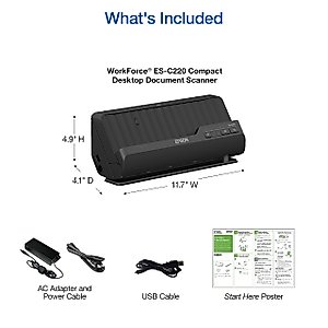Epson Workforce ES-C220 Compact Desktop Document Scanner with 2-Sided Scanning and Auto Document Feeder (ADF) for PC and Mac