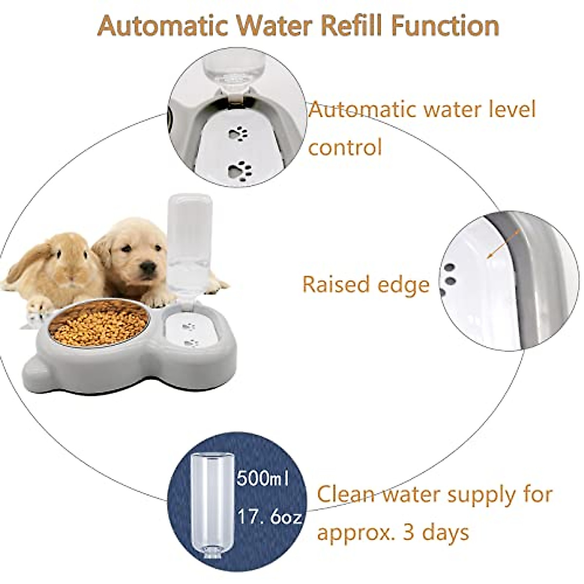 Tfwadmx Pet Double Dishes Rabbit Food Water Dispenser Set Cat Self Filling Bowls No Spill Dog Automatic Waterer Bottle Anti Gravity Feeder Cute Detachable Stainless Steel Bowl for Kitten Puppy Bunny