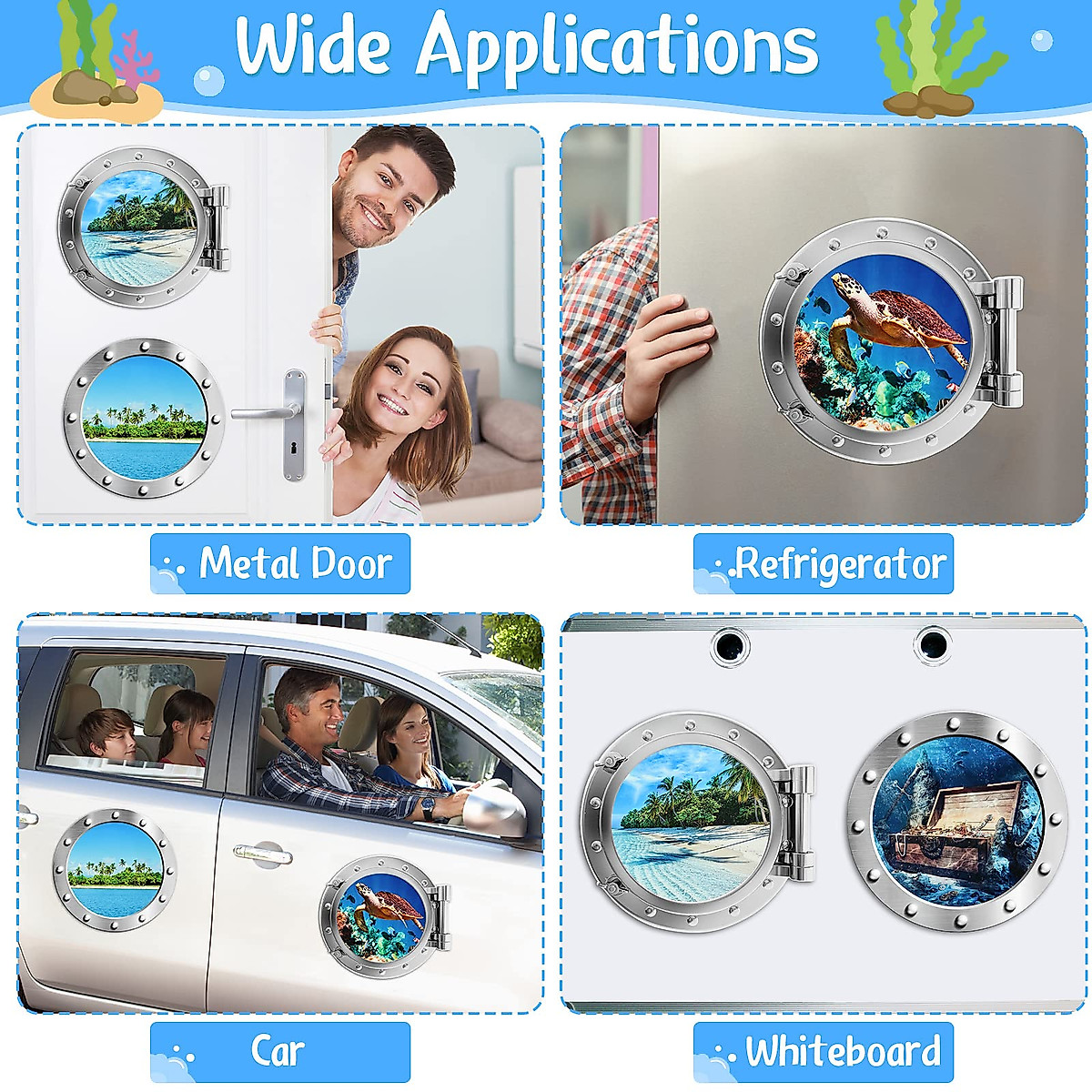 4 Pcs Cruise Door Decorations Magnetic Cruise Porthole Door Magnets Palm Tree Turtle Cruise Magnet The Sea Nature Scenery Fridge Decor for Carnival Cruise Refrigerator Car