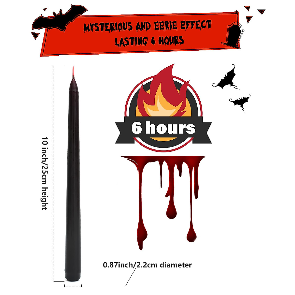 Viyffo Vampire Tears Taper Candles 10 Inch Set of 4 Unscented, Smokeless Long Tall Black Tapered Candle Sticks for Home, Spooky Decor Gothic