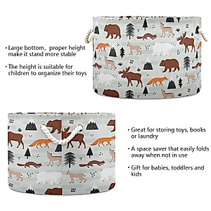 Moose Bear Foxes Trees Wolf Squirrel Seamless Forest Fauna Animals Round Storage Basket Bin, Baby Nursery Organizer with Handles for Toys Clothes, Large Foldable Bucket Waterproof Laundry Hamper