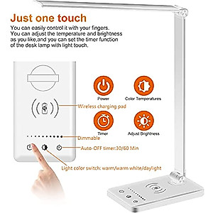 LED Desk Lamp, Wireless Charger, Dimmable, USB Charging Port,5 Modes, Reading Light for Home, Office , Touch Control, Auto-Off Timer Lamps (Silver 2.0)