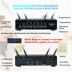 ZERFUN 4 Channel Rechargeable Wireless Microphone System, Pro UHF Metal Handheld Wireless Microphones Cordless Mics with Echo Bluetooth VOL Channel Control for Karaoke Singing Church(MU-898)