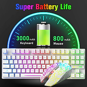 LexonElec Wireless RGB Backlit Gaming Keyboard Mouse Combo,Rechargeable 3800mAh Battery, 87-Key Mechanical Feel Keyboard, Quiet Mouse and Mouse Pad for Gamers and Office Typists(White)