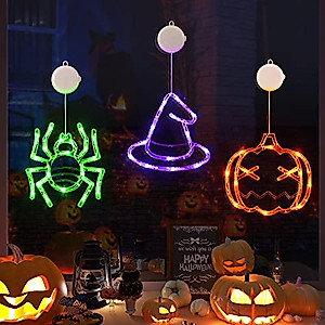 LOLStar Halloween Decorations 3 Pack Orange Pumpkin Green Spider Purple Witch Hat Halloween Window Lights with Suction Cup Battery Operated Halloween Lights, 2023 Upgrade Slow Fade Mode Timer Function