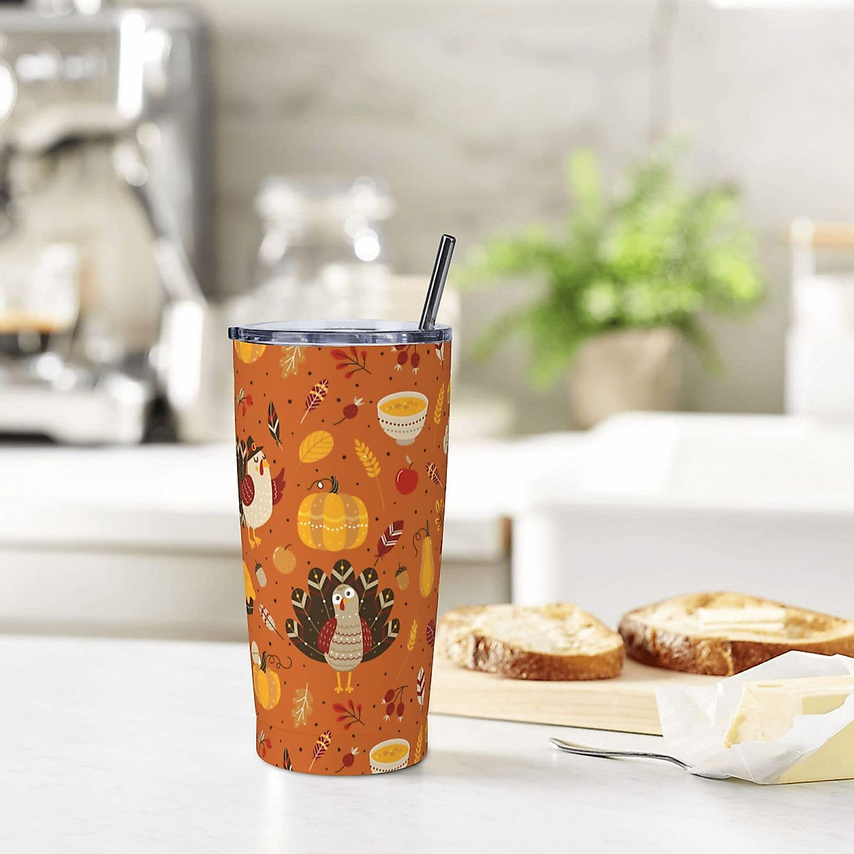 Thanksgiving Turkey 20oz Insulated Stainless Steel Tumbler With Lids And Straws Stainless Steel Double Wall Vacuum Insulated Travel Coffee Mug Leak-Proof Lid & Flip Lid For Hot And Cold Drinks