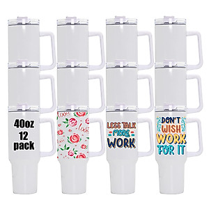 Icesip 12pack 40oz sublimation tumbler with white Handle Lid and Straw,Stainless Steel Double Wall Vacuum Insulated Travel Mug Cup Tumblers for Diy Craft Heat Press Print