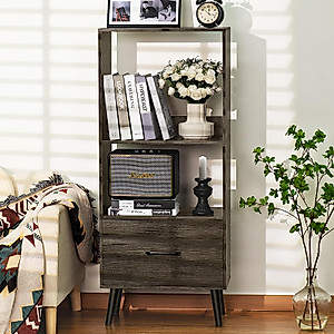 LELELINKY Open Bookshelf, 3 Tier Black Mid Century Modern Book Shelf with Drawers and Legs, Wood Bookcase with Storage Organizer Shelves for Bedroom, Living Room, Office