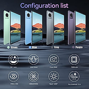 ciciglow Ultra Thin Tablet, 10.1in 1920x1200 IPS Display, 8GB RAM 128GB ROM, 8 Core CPU, 8MP+16MP Camera, Support 512GB Memory Expansion, 7000mAh, Android 11.0 (Gray)