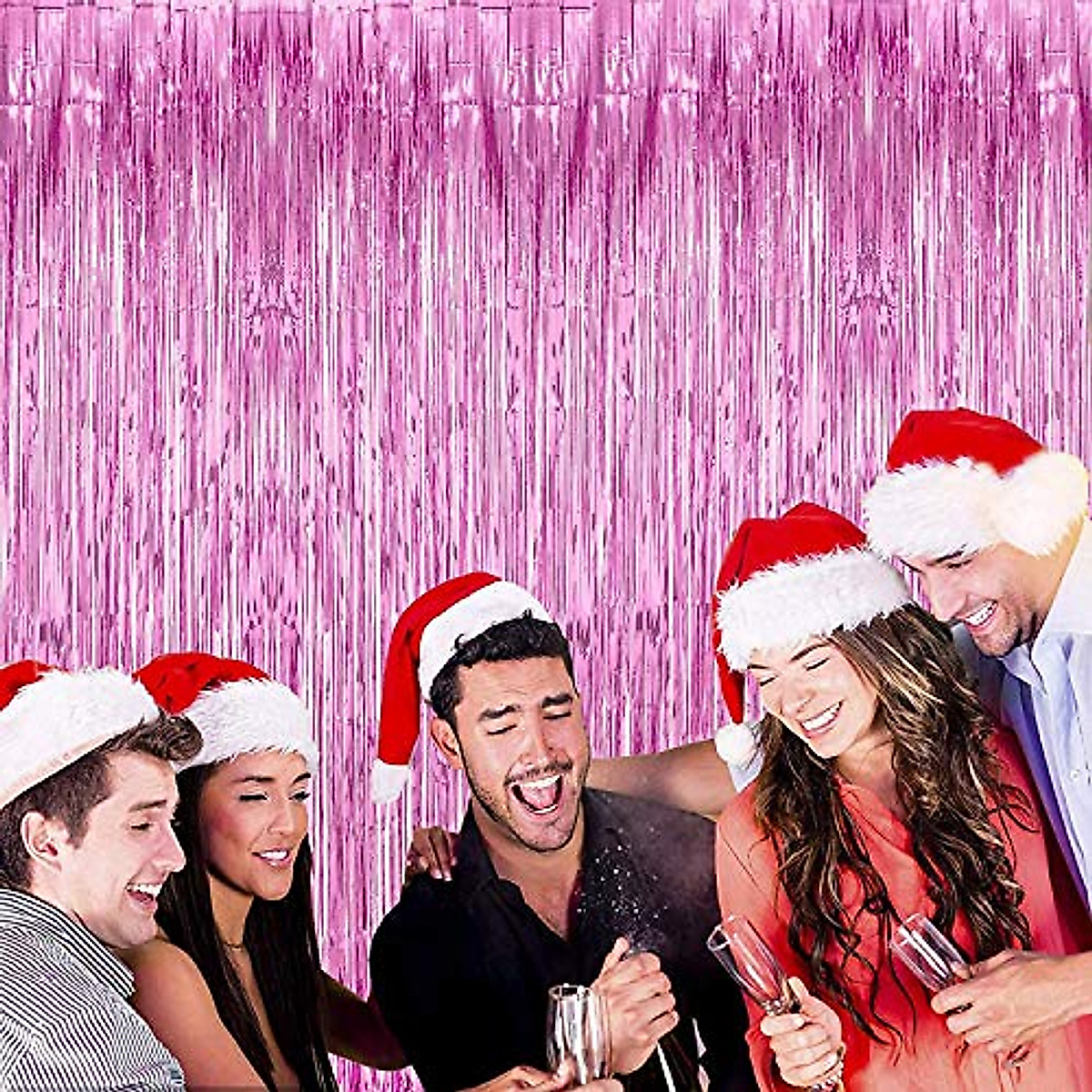 Foil Fringe Curtain Christmas Party Decorations - Pink Metallic Tinsel Photo Booth Backdrop Party Steamers Curtains for Birthdays Valentines Engagement Bachelorette Celebration