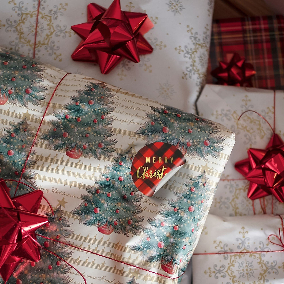 Mobiusea Creation Merry Christmas Stickers | Envelope Seals | 1.4 inch | Gold Foil | Red Buffalo Plaid Labels| Waterproof | 90-Pack for Christmas Gifts, Holiday Stickers for Envelopes, Holiday Cards