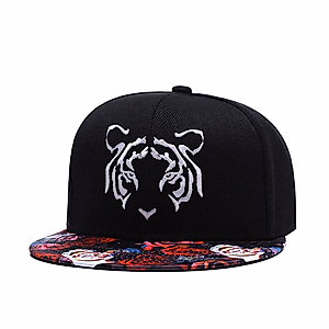CLOTIME Tiger Embroidered Floral Snapback Hat 3D Rose Floral Print Visor Caps Twill Flat Bill Adjustable Baseball Cap (Black Rose Tiger)
