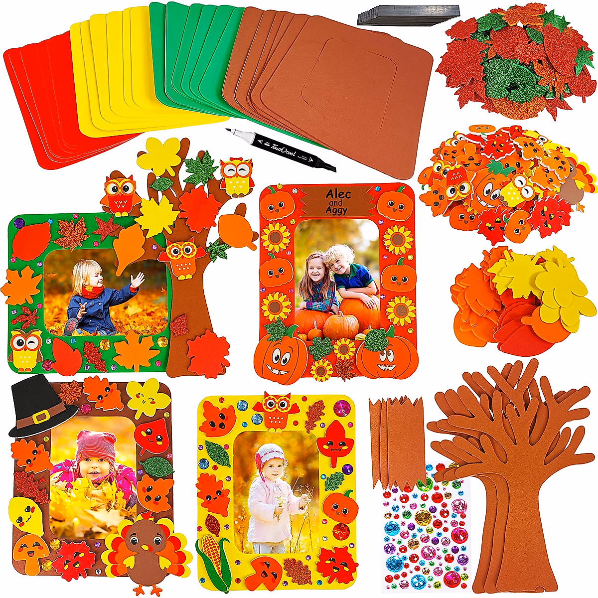 Winlyn 12 Sets Fall Craft Kits Fall Thanksgiving Picture Frame Decorations Art Sets Tree of Thanks Turkey Owl Smile Face Pumpkin Autumn Leaf Foam Stickers Arts and Crafts for Kids Party Activities