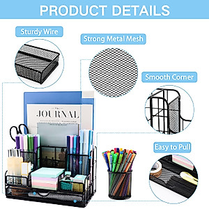Desk Organizers and Accessories, Office Supplies Desk Organizer Caddy with 7 Compartments + Pen Holder / 72 Clips Set, Mesh Desk Organizer with Drawer, Black Desktop Organizer for Home, Office Ect