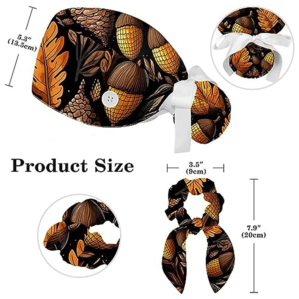 Thanksgiving Acorn Working Cap with Button Sweatband Adjustable Tie Back Bouffant Hats with Scrunchie