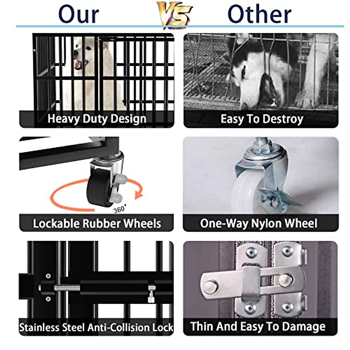 LEMBERI 48/38 inch Heavy Duty Indestructible Dog Crate, Escape Proof Dog Cage Kennel with Lockable Wheels,High Anxiety Double Door Dog Crate,Extra Large Crate Indoor for Large Dog with Removable Tray