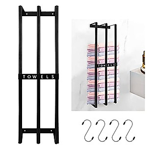 LVOERTUIG Wall Towel Rack for Rolled Towels with 4 Hooks, Towel Holder Towel Racks for Bathroom Wall Mounted, Bathroom Towel Storage, Metal Bath Towel Holder for Washcloths (Black)