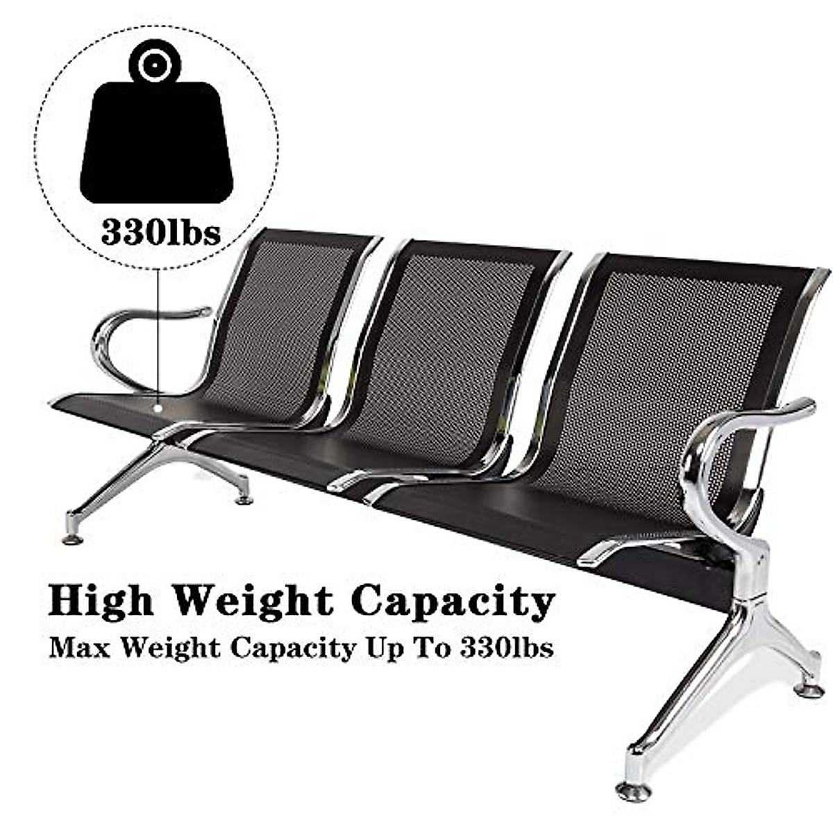 Kinsutie Waiting Room Chair with Arms 3-Seat Airport Reception Bench for Business Hospital Market, Black