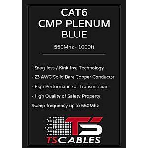 TSCables | Cat6 Plenum (CMP) 1000ft Cable, 23AWG | 100% Solid Bare Copper | 550MHz, PoE++ (4PPoE) | Unshielded Twisted Pair (UTP) Bulk Ethernet Cable, Available in 10 Colors